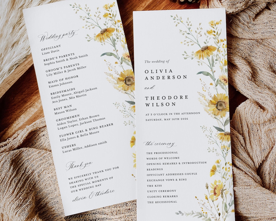 Sunflower Wedding Programs Template, Boho Ceremony Program, Elegant ...