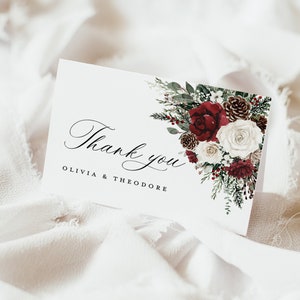 Winter Christmas Wedding Thank You Card Template, Burgundy Floral Thank ...