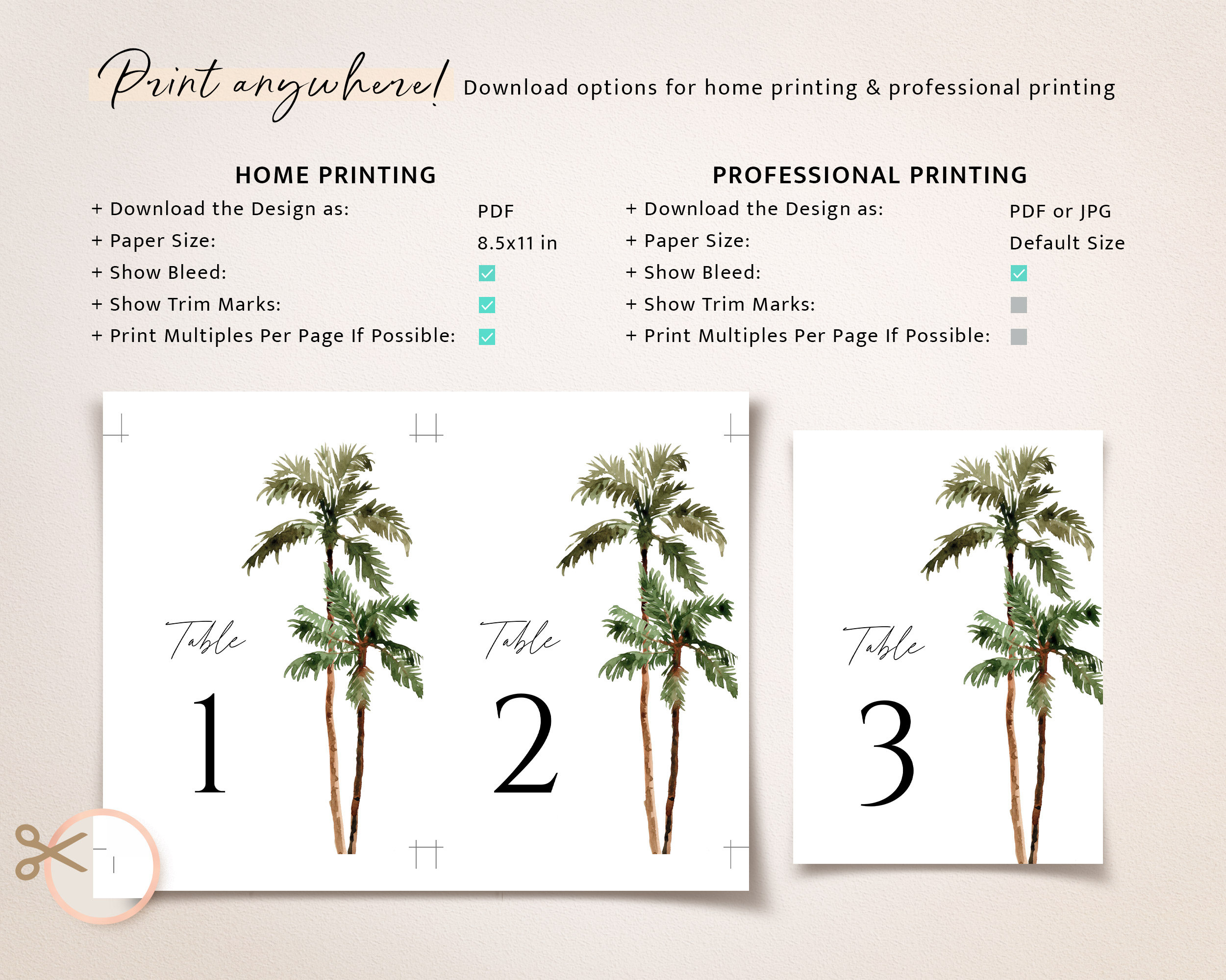 Palm Tree Wedding Table Numbers Card Template, Destination Beach ...