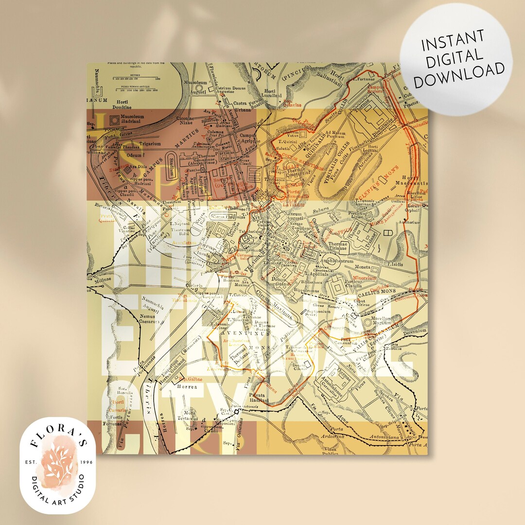 Printable Rome Italy Map Digital Wall Art Vintage City Map Digital ...