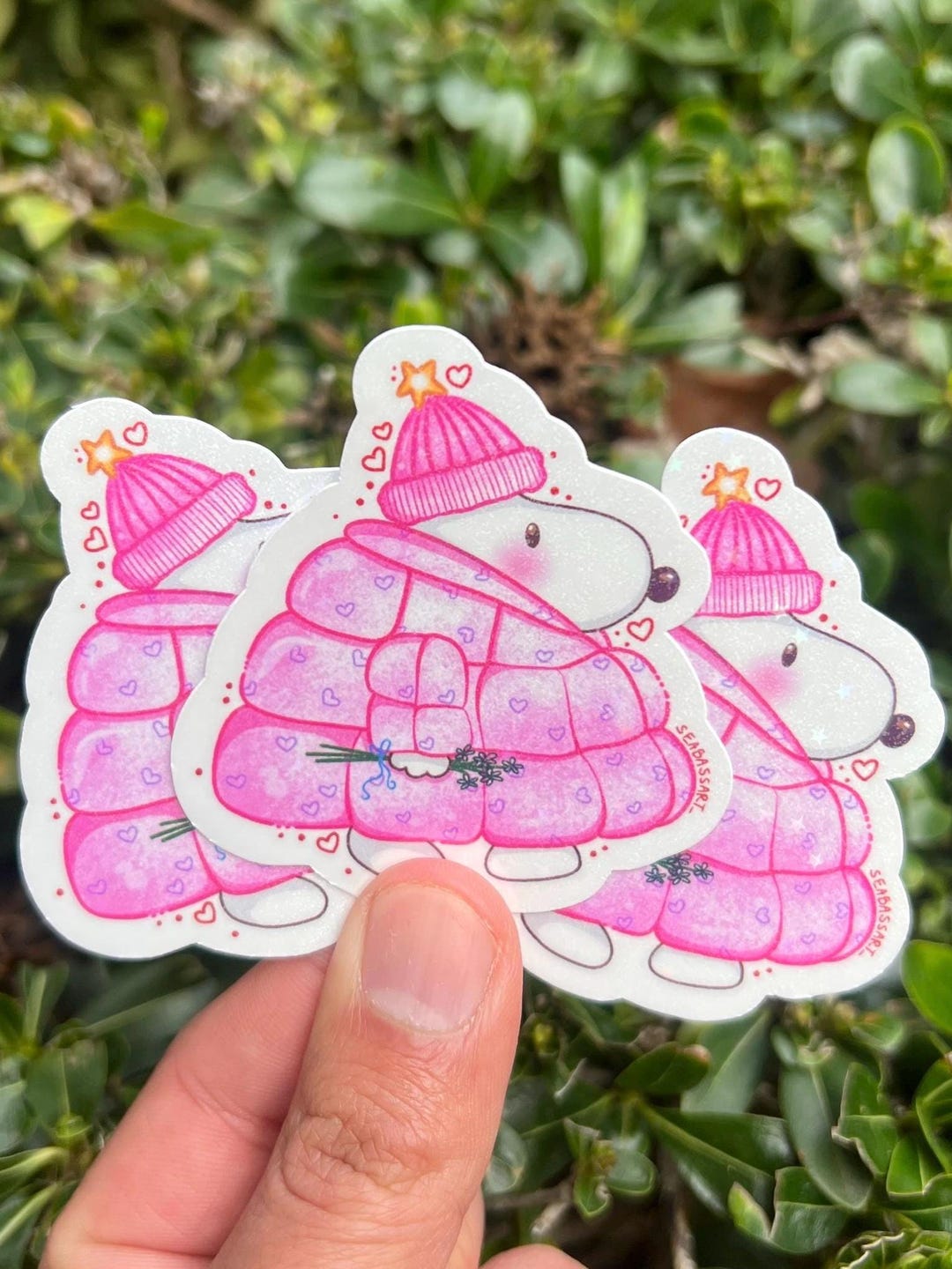 Pink Puffer Jacket Snoopy Stickers Cute Sparkle Holographic Sticker ...