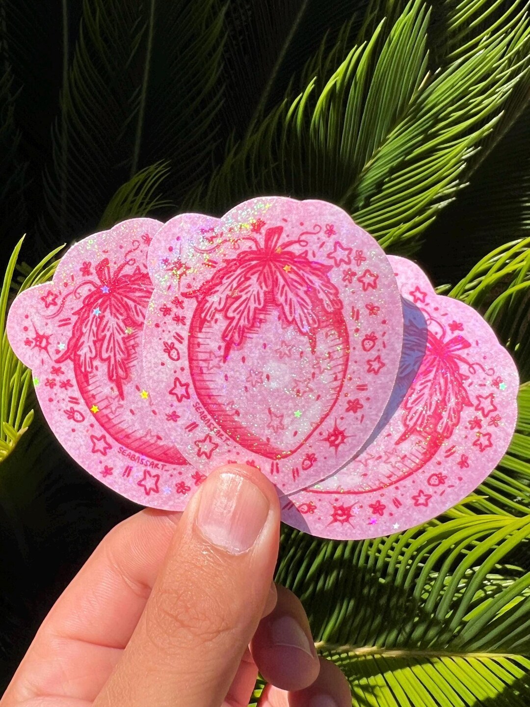 Pink Strawberry Stickers Fruit Cute Sparkle Holographic Sticker Best ...