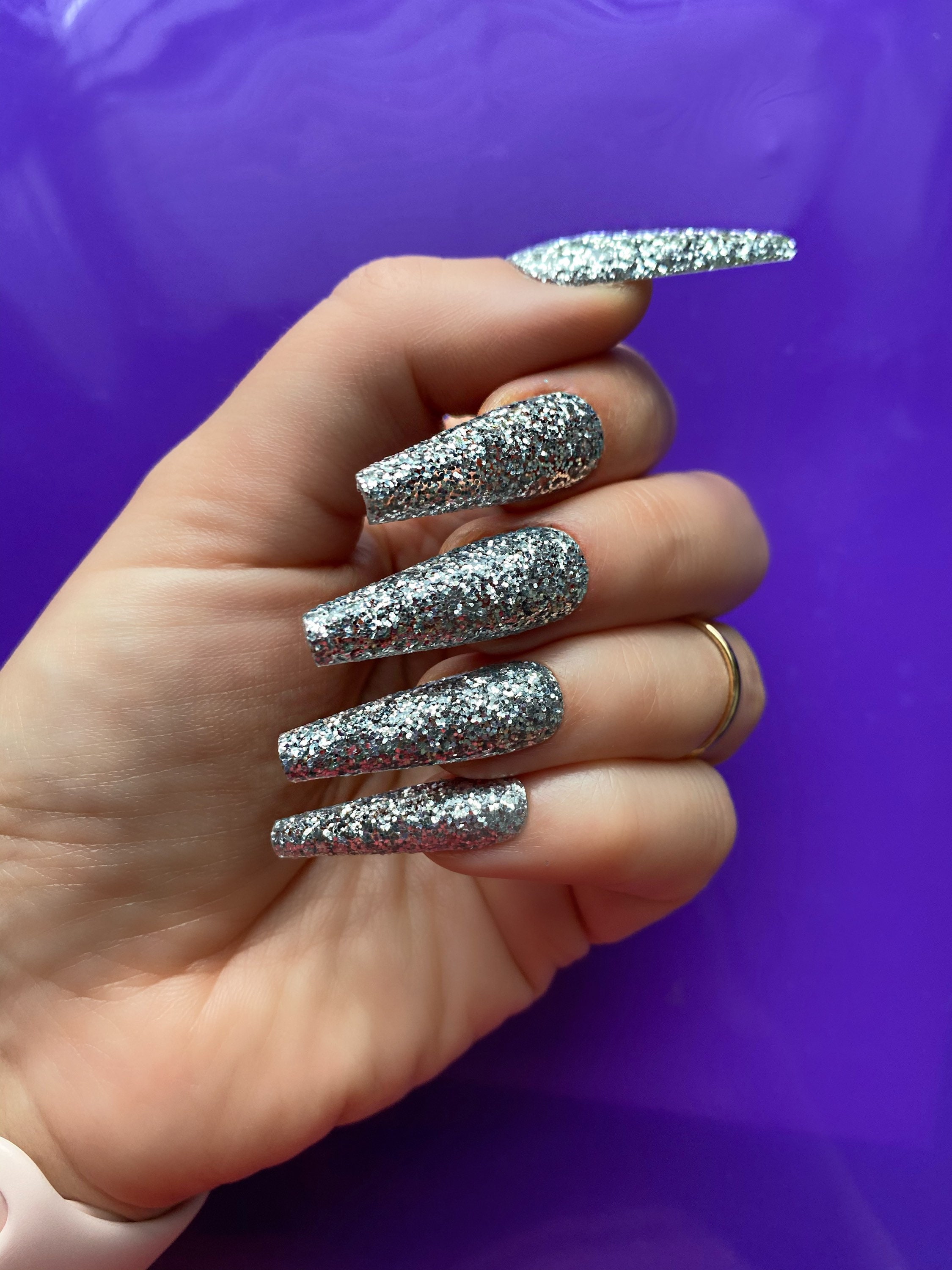GLITTER NAILS/ Press on Nails/ Long Nails/ Coffin Nails/ Silver Nails ...