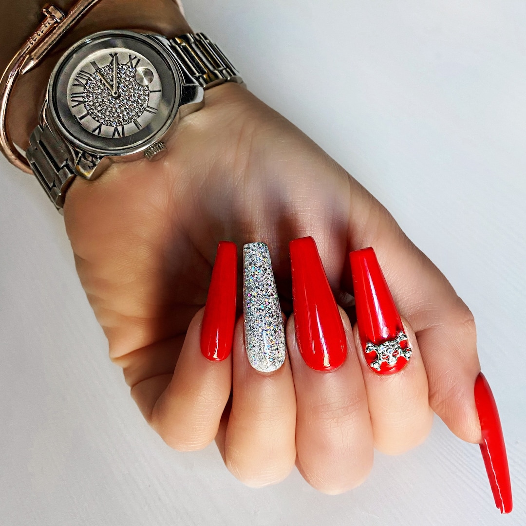 RED BLING NAILS/ Press on Nails/ Glitter Nails/ Long Nails/ - Etsy