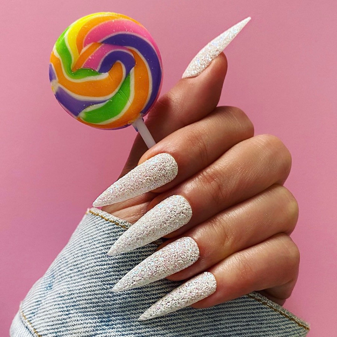 WHITE GLITTER SUGAR/ Press on Nails/ Stiletto Nails/ Long Nails/ White ...