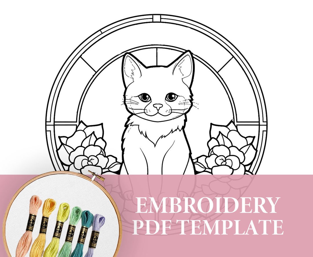 Floral Cat Embroidery Pattern, Pdf Template, Cat Embroidery Download ...