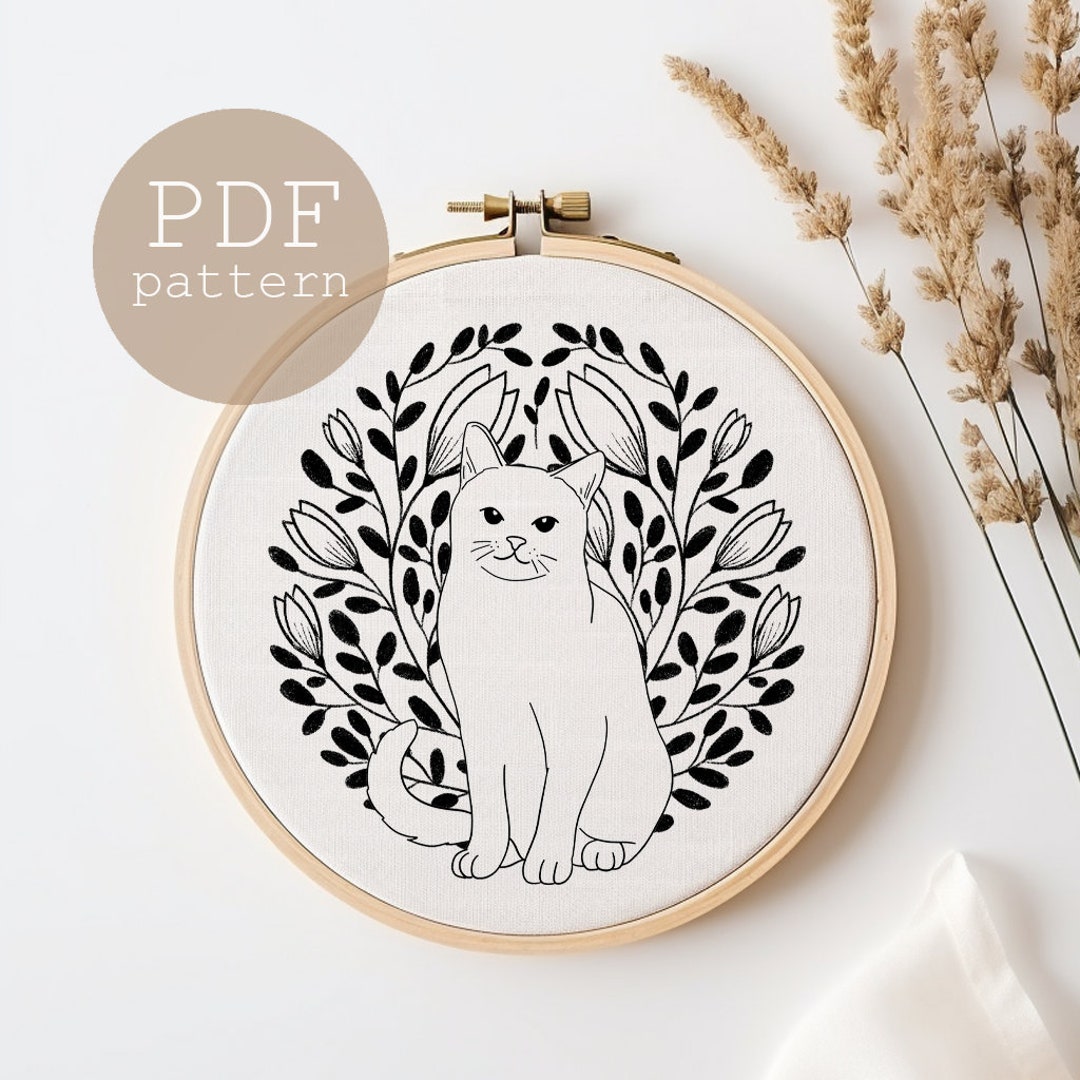 Cat Floral Hand Embroidery Pattern, Cat Silhouette Embroidery ...