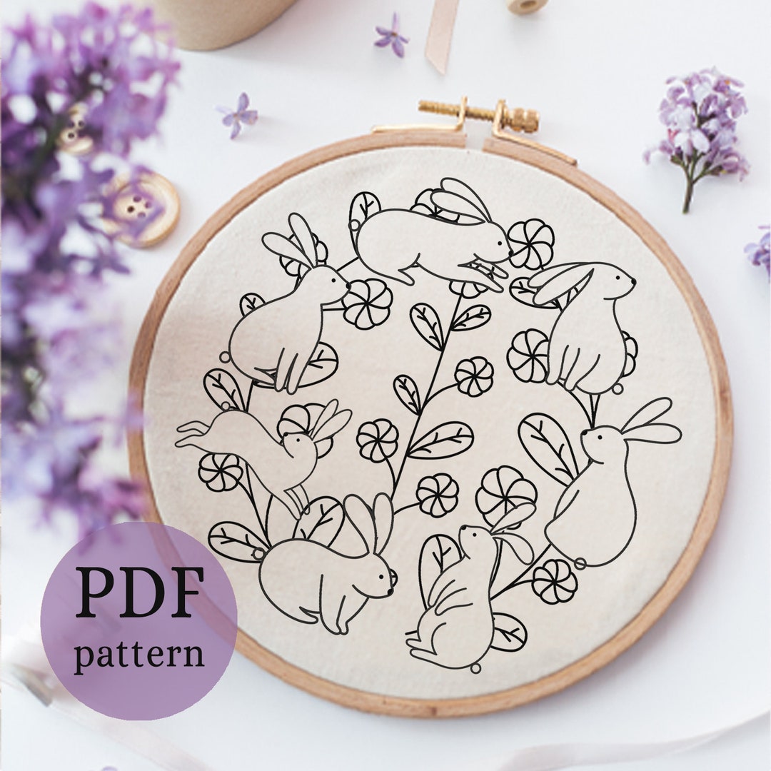 Bunnies Embroidery Pattern, Rabbit Plants Embroidery, Cute Bunnies ...