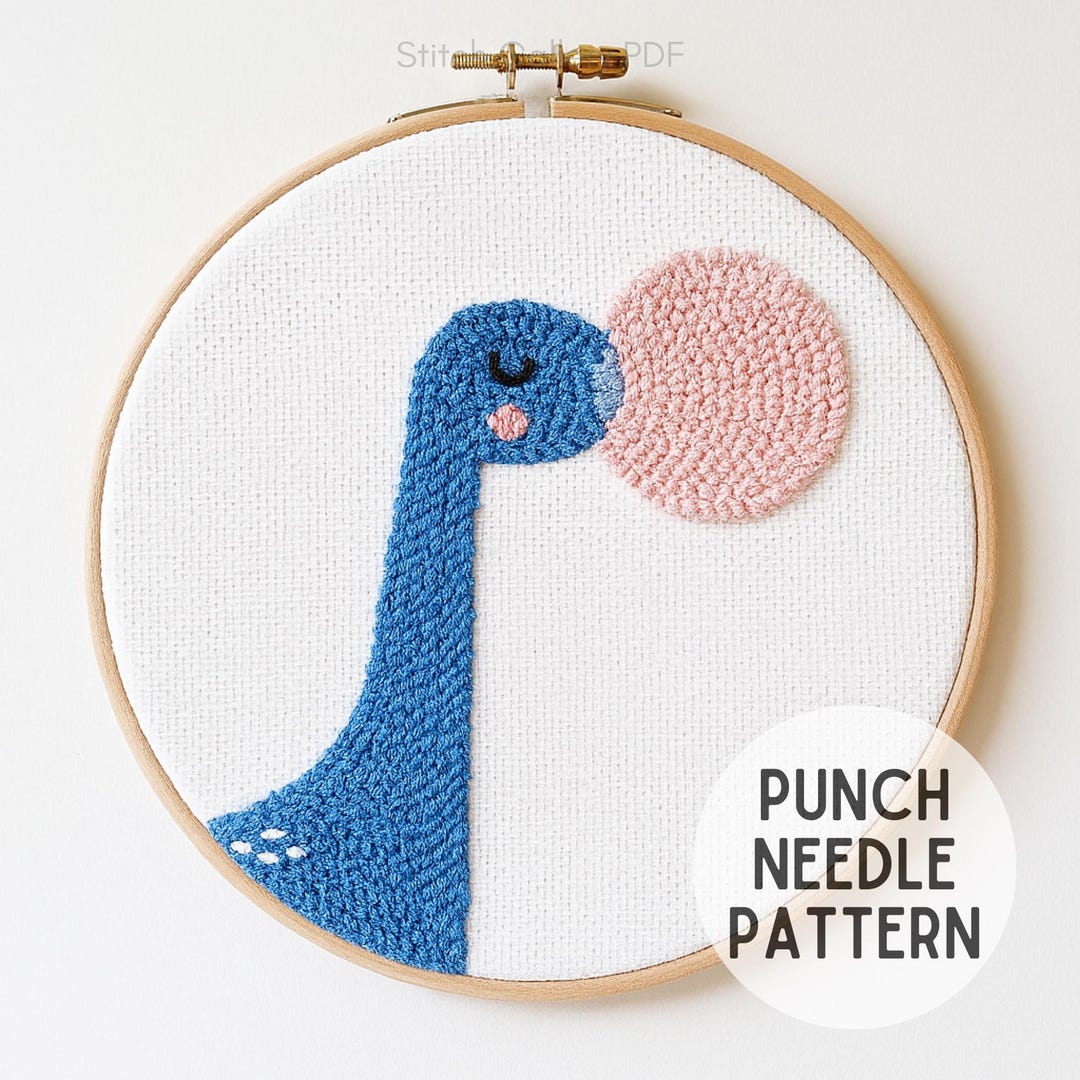 Cute Dinosaur Punch Needle PDF, Bubblegum Hoop Pattern, Kawaii Dino Art ...