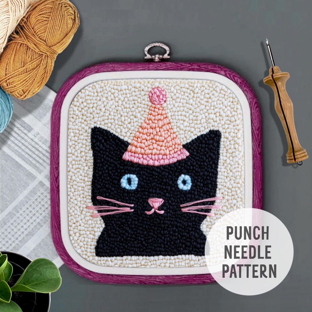 Punch Needle Pattern Black Cat, Birthday Pattern, Modern Animal Punch ...