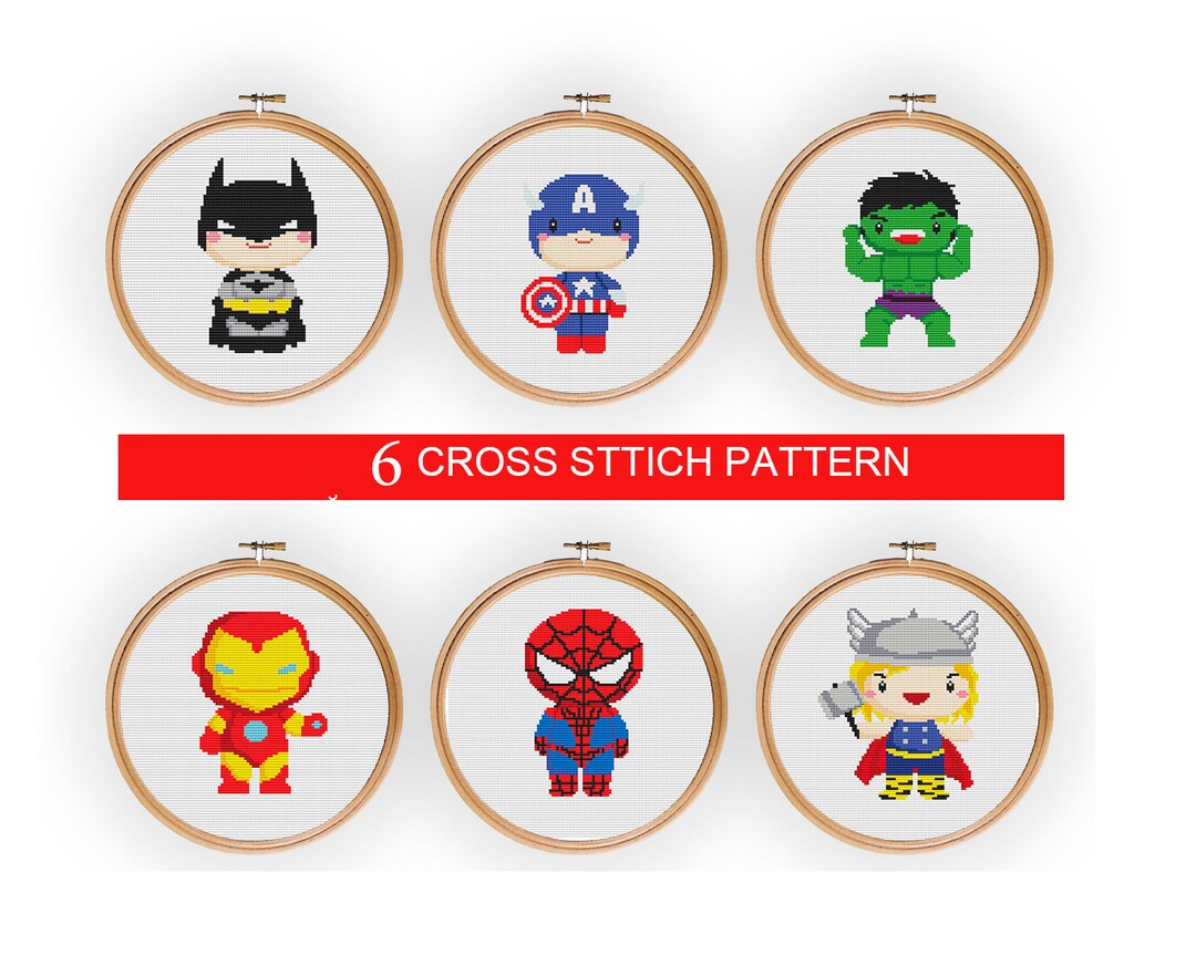 Set of 6 Superheroes Cross Stitch, Cross Stitch for Kids, Cross Stitch ...
