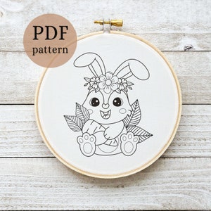 Bunny Embroidery Pattern, Over the Garden Gate, Rabbit Floral Hand ...