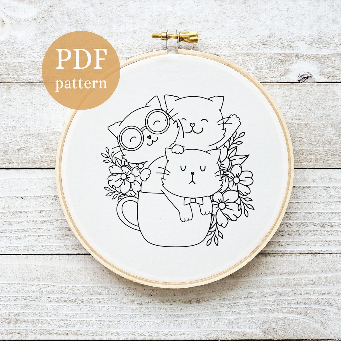 Floral Cat Embroidery Pattern Sleeping Cat Embroidery Cute - Etsy