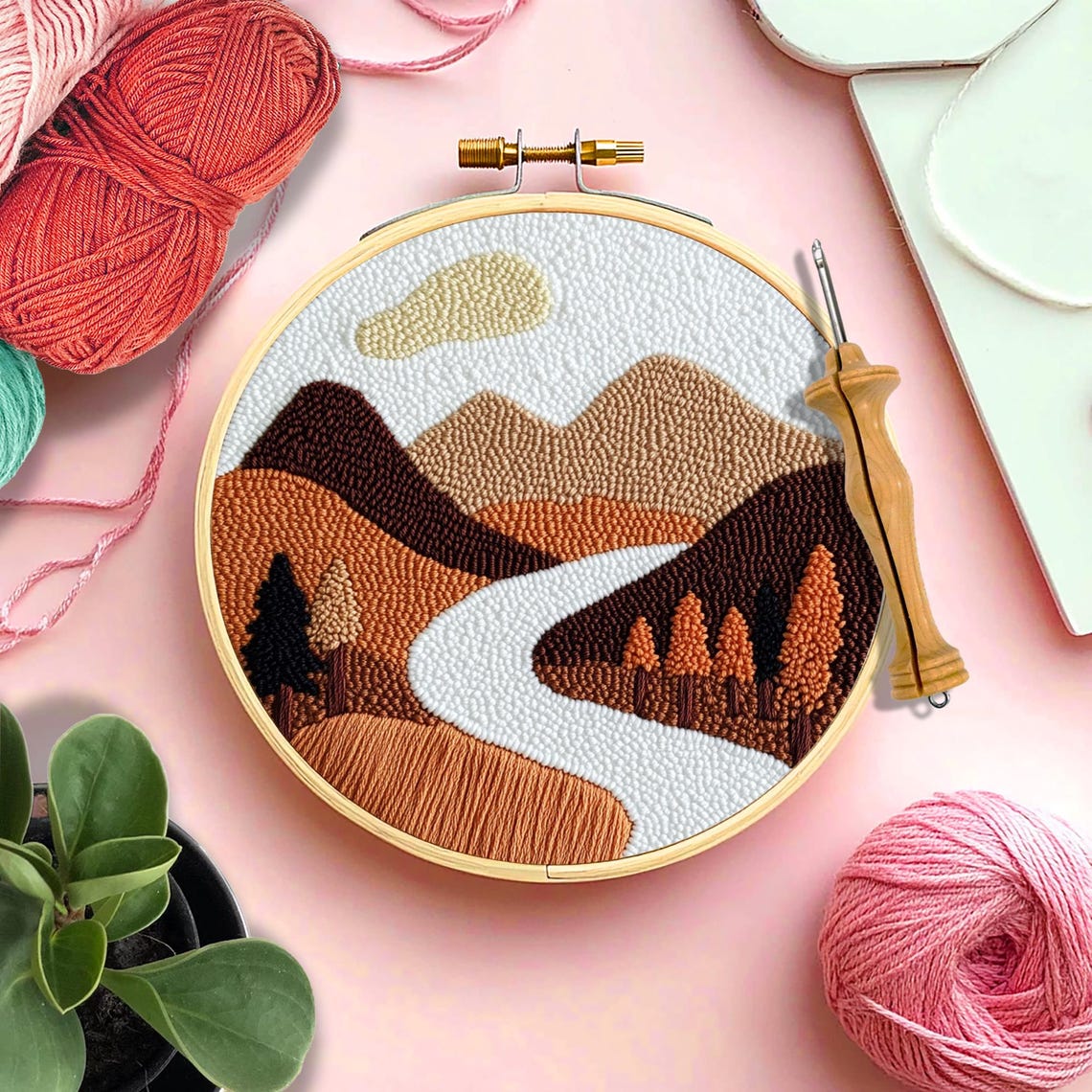 Landscape Punch Needle Coaster Pattern: Sunset Embroidery DIY, Tufted ...