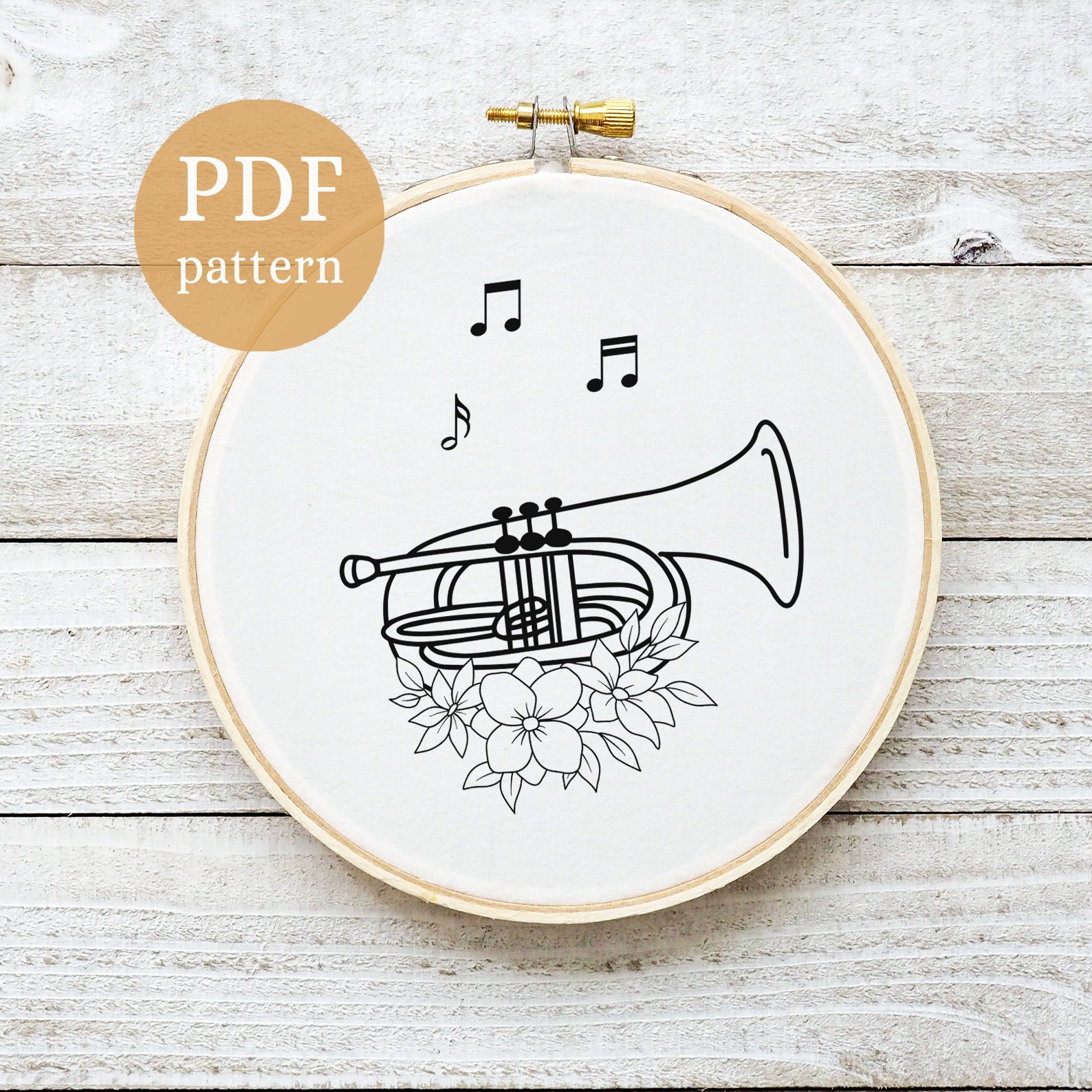 Trumpet Floral Embroidery Pattern: DIY Music Instrument (PDF Download ...