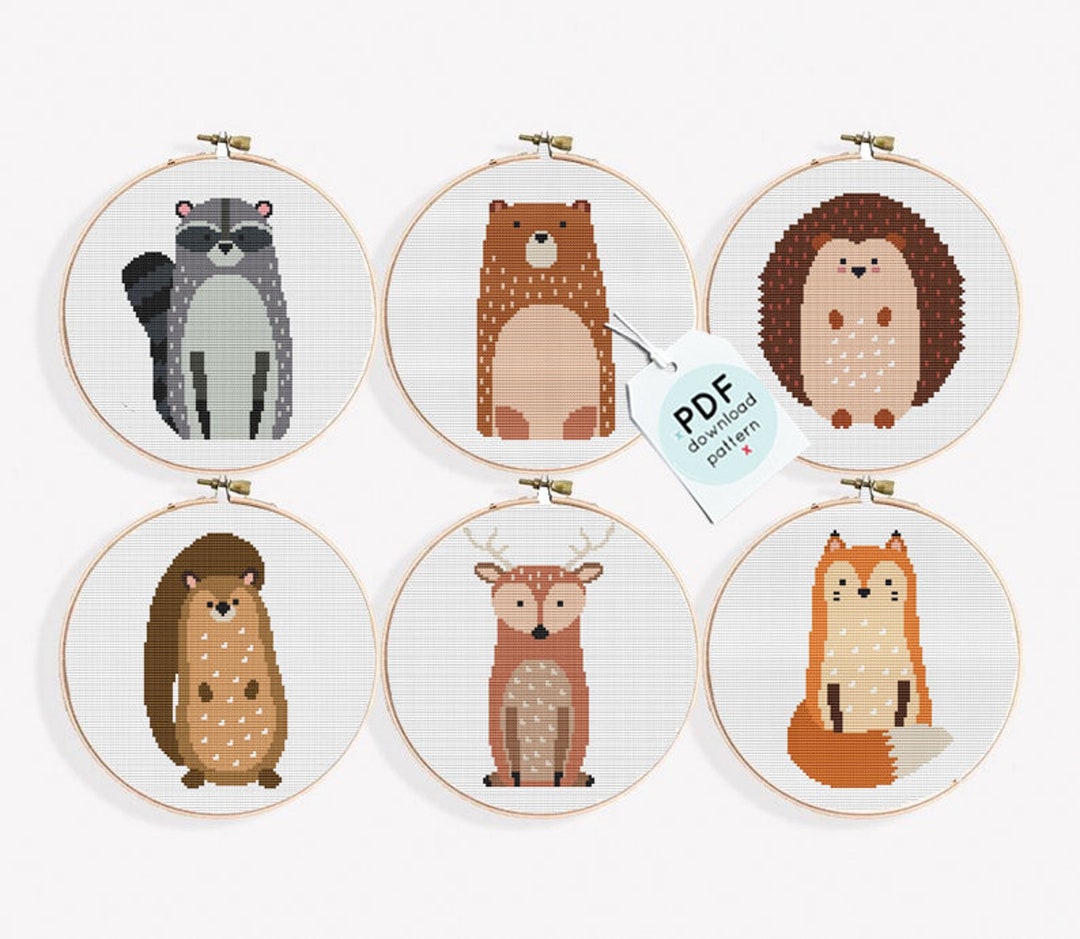 SET OF 6 Forest Animals Cross Stitch Printable Pdf Pattern Baby Shower ...