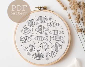 Colorful Fish Hand Embroidery Pattern, Into the Sea, PDF Embroidery ...