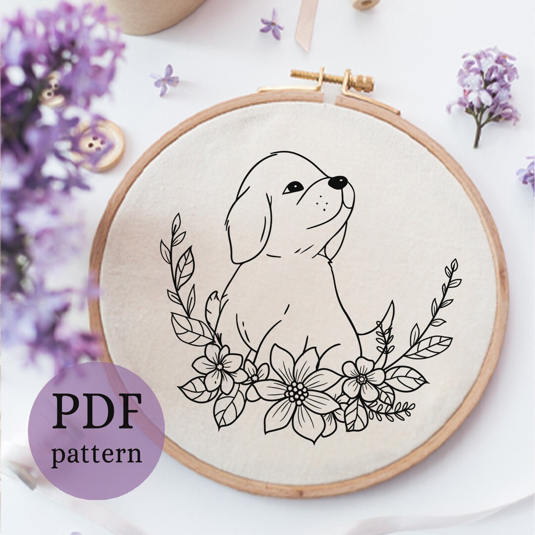 Dog Floral Hand Embroidery Pattern, Dog Silhouette Embroidery PDF ...