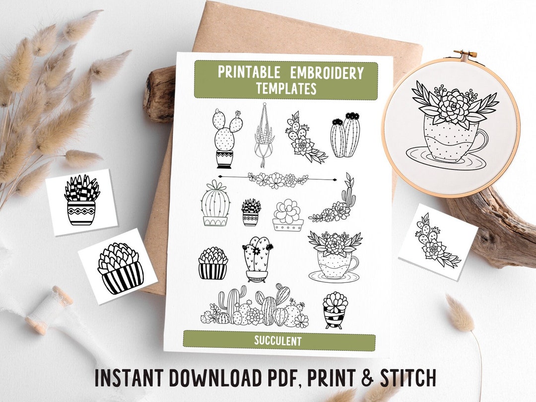 Succulents Embroidery Pattern: DIY Printable Stick and Stitch, Easy ...