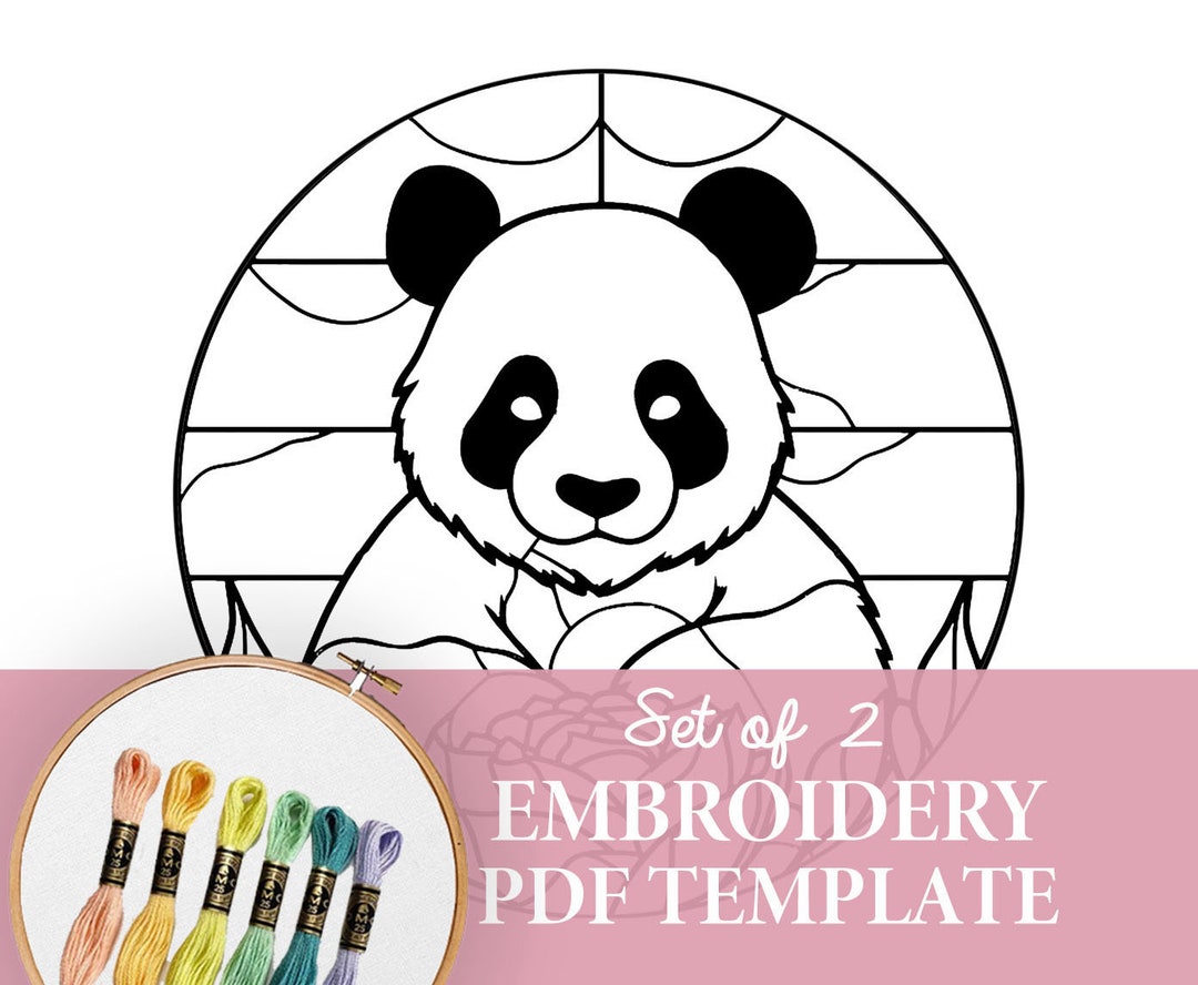 Panda Stained Glass Pattern, Bear Embroidery, Instant Download, Flower ...