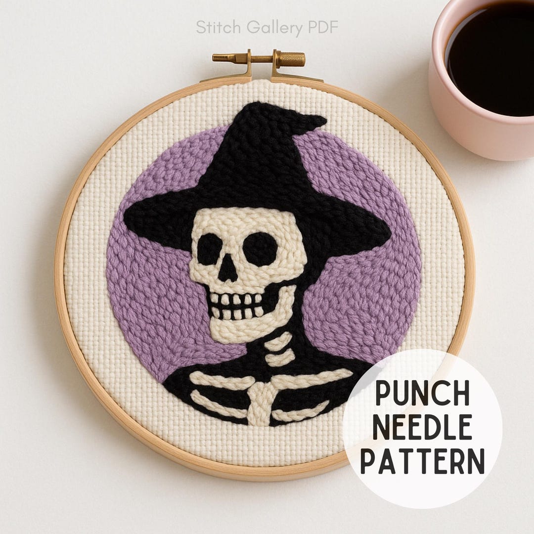Skeleton Witch Hat Punch Needle Pattern, Halloween Gothic Decor ...