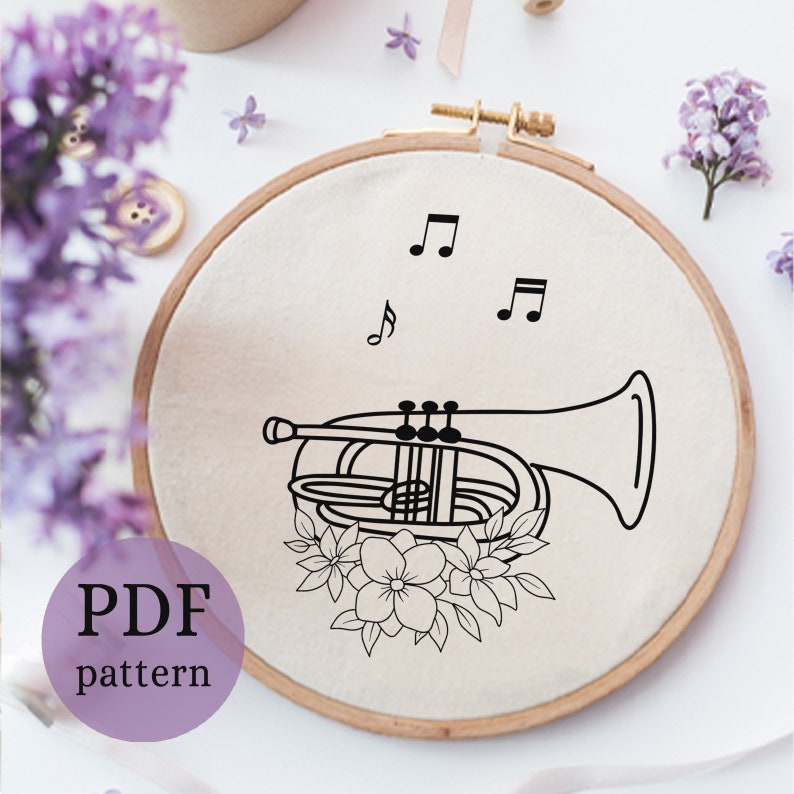 Trumpet Floral Embroidery Pattern: DIY Music Instrument (PDF Download ...