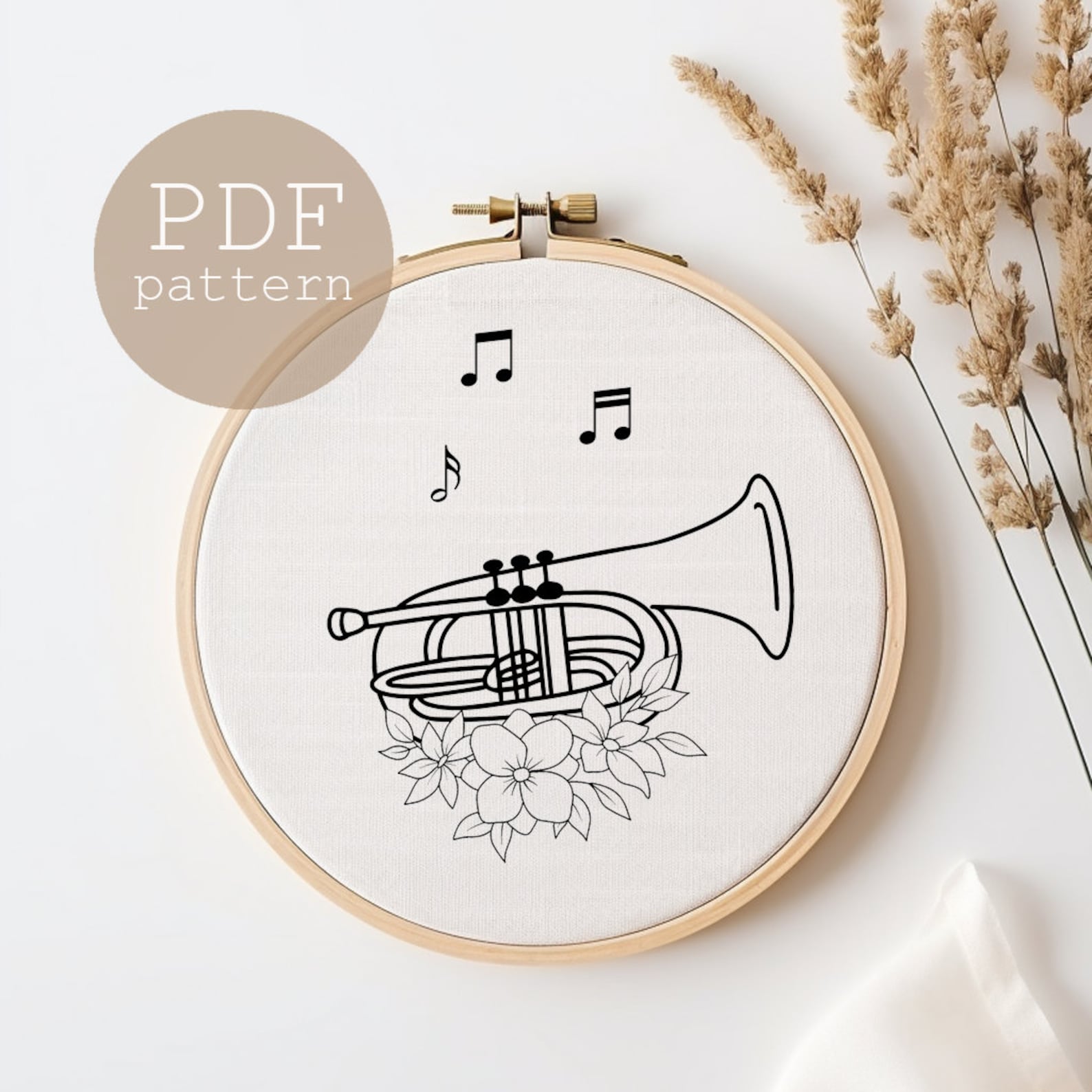 Trumpet Floral Embroidery Pattern: DIY Music Instrument (PDF Download ...