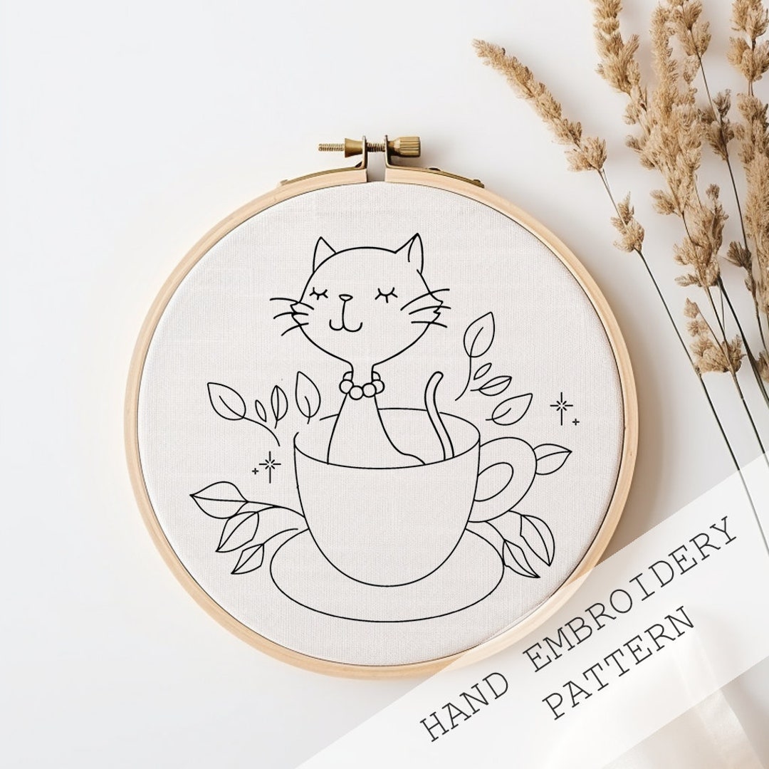 Cute Cat Embroidery Pattern, Kitten Embroidery Pattern, Flower Cat ...