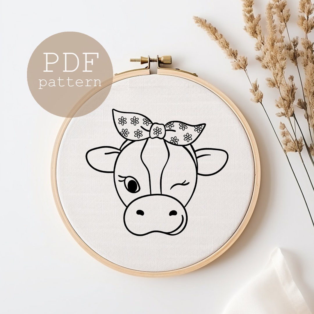 Cow Hand Embroidery, Cute Cow Needlepoint, Vegan Embroidery Pattern ...