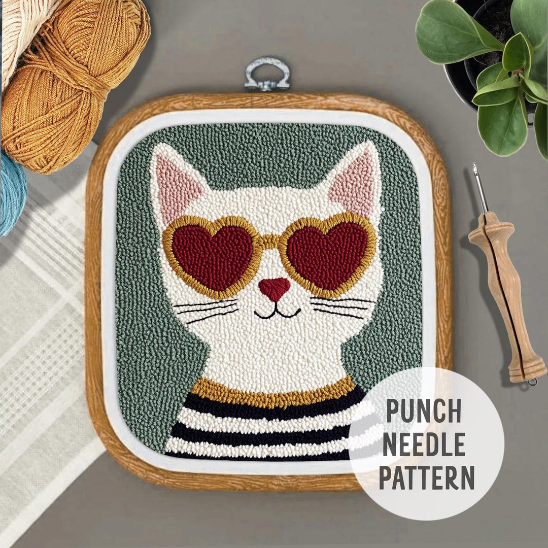 Cat Punch Needle Pattern, Rug Hooking DIY, Yellow Embroidery Yarn Craft, Mindful Hand Habit ...