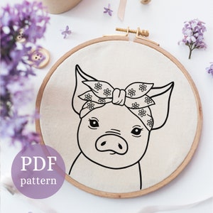 Pig Flowers Embroidery Pattern, Cute Pig Embroidery, Cute Piggy Pattern ...