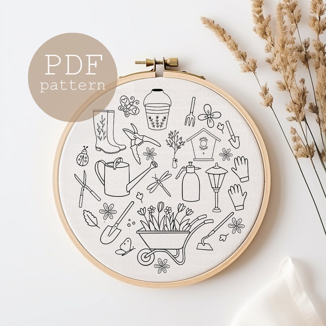 Gardening Embroidery Motif, Garden Pattern, Digital Download Embroidery ...