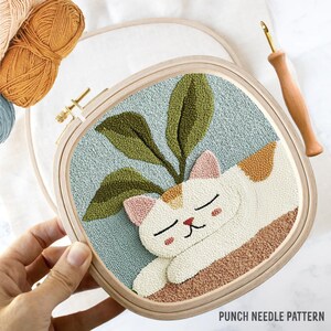 Sleeping Cat Punch Needle Pattern, Fluffy Tabby Kitten Punch Needle Design, Kids Room Decor ...