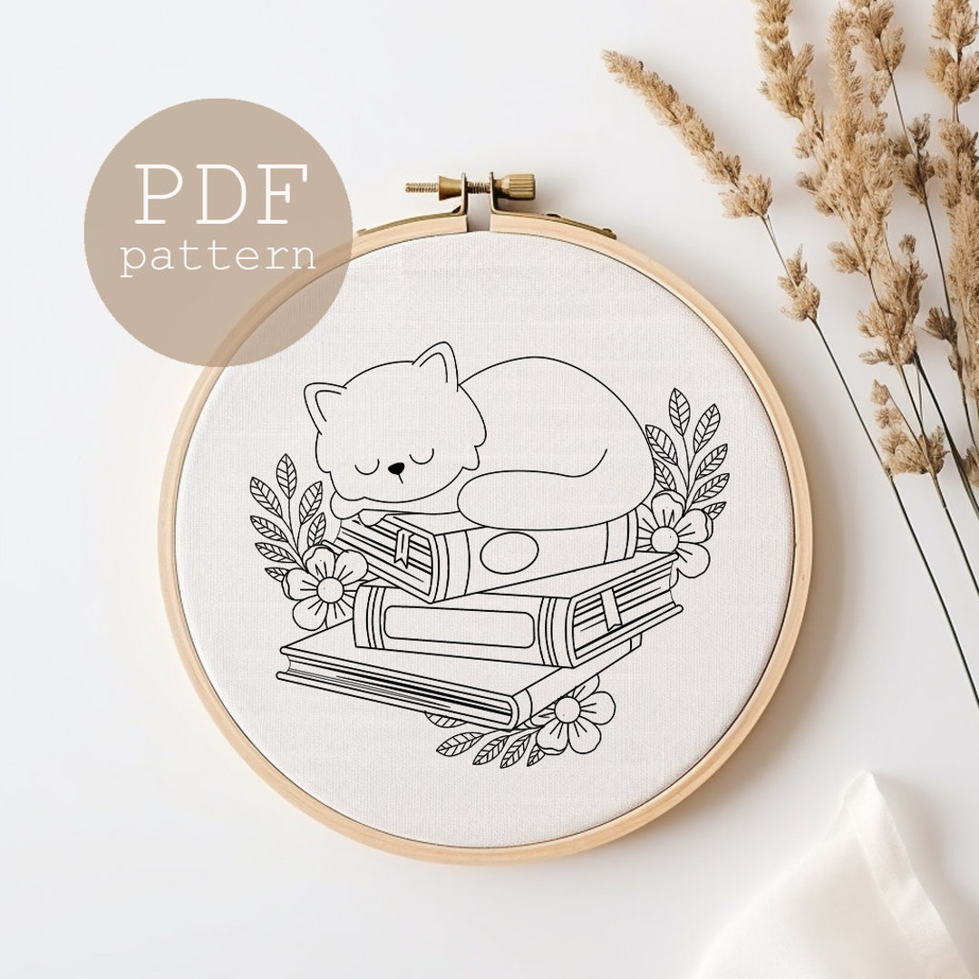 Cat Floral Hand Embroidery Pattern, Cat Silhouette Embroidery Pattern ...