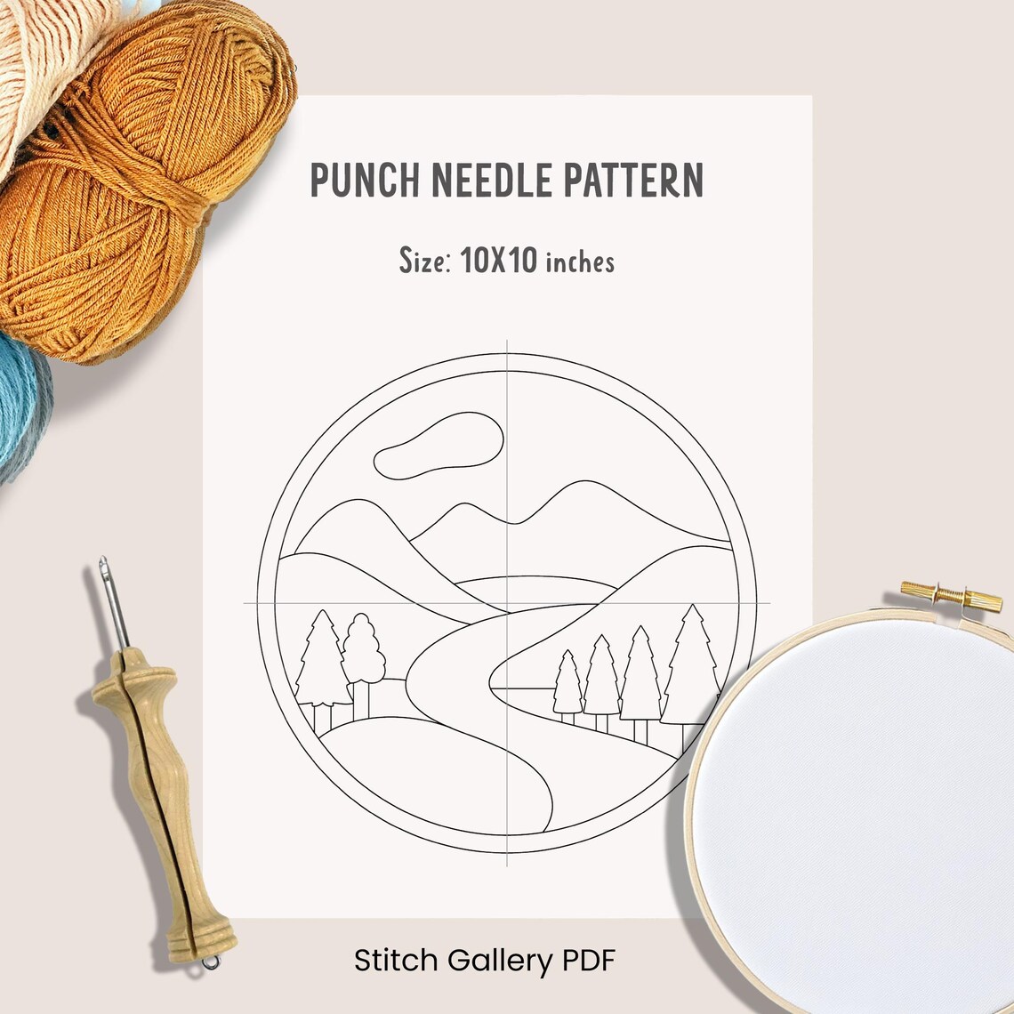 Landscape Punch Needle Coaster Pattern: Sunset Embroidery DIY, Tufted ...