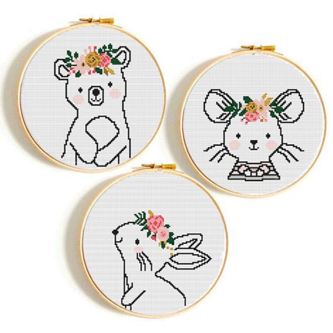 Set of 3 Cross Stitch Pattern,baby Cross Stitch Pattern, Floral Animals ...