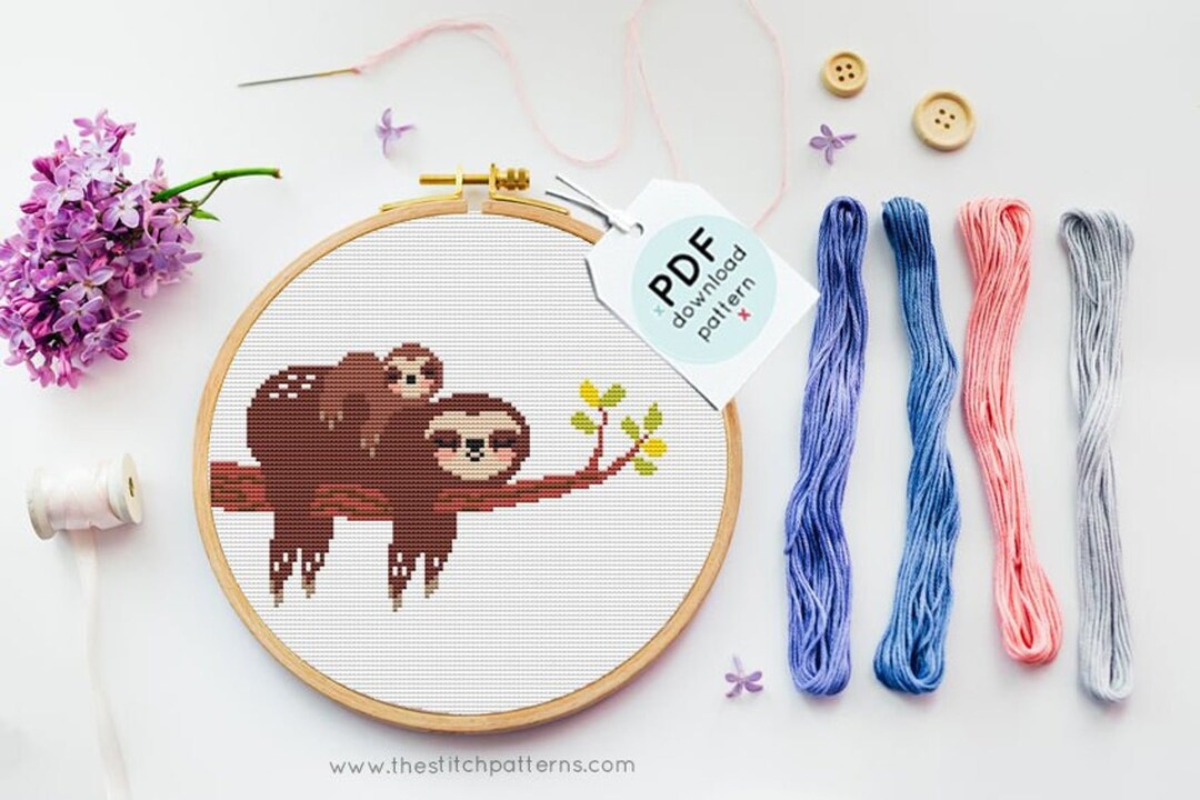 Sloth Cross Stitch Pattern PDF, Baby and Mum Cross Stitch, Sloth ...
