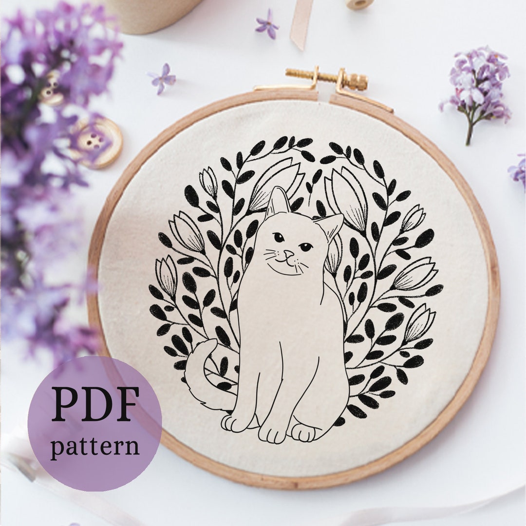 Cat Floral Hand Embroidery Pattern Cat Silhouette Embroidery - Etsy