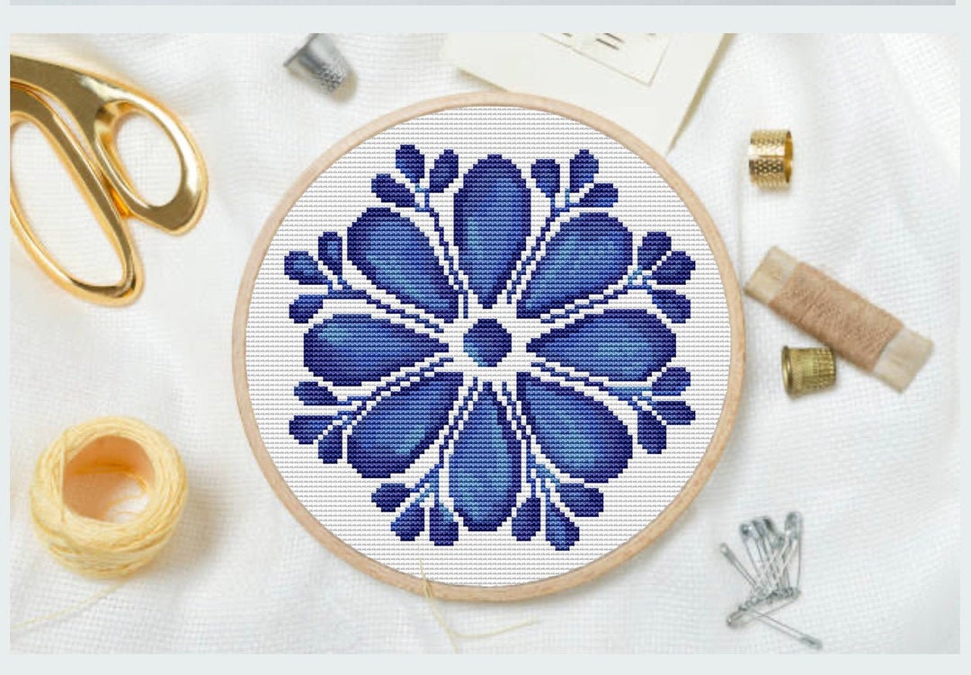 Blue Floral Cross Stitch Pattern: Modern Folk Embroidery (PDF Pattern ...