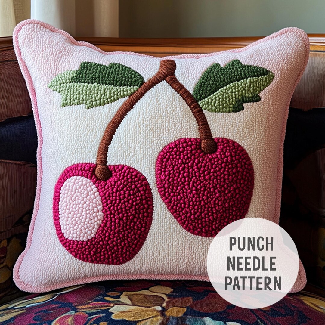 Cherry Motif Punch Needle Embroidery Pattern, Pillow Case, Hand Tufted ...