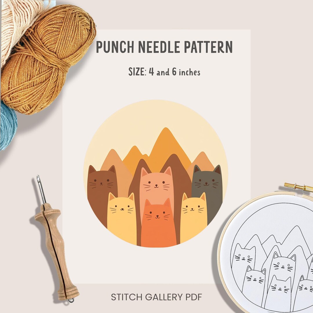 Funny Cats Punch Needle Pattern: Modern Embroidery Design, Cat Lovers ...