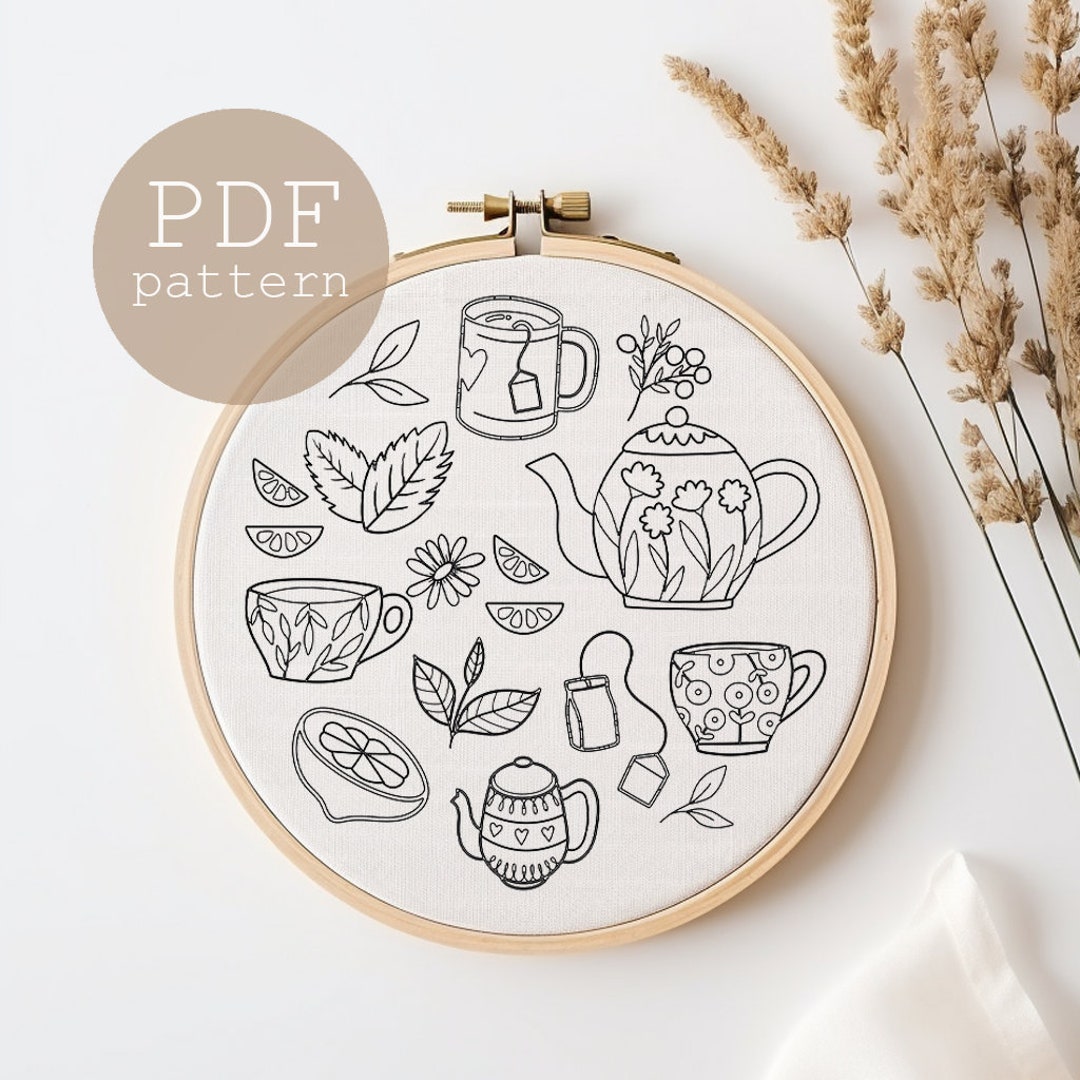 Tea Time Embroidery Pattern, Tea Party Embroidery, Tea Cup Pattern ...