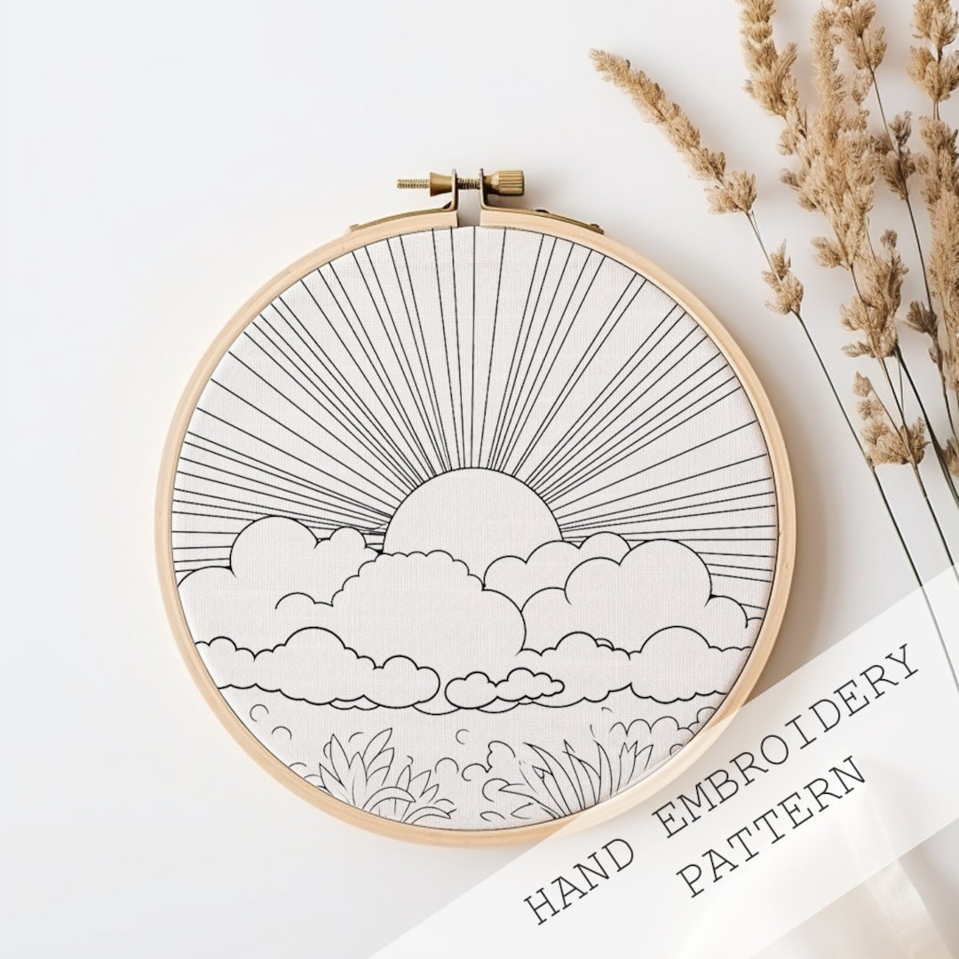 Sun and Clouds Embroidery, Template ONLY, Landscape Embroidery Pattern ...