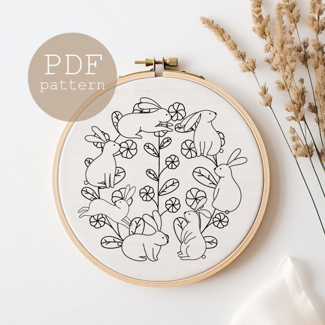 Bunnies Embroidery Pattern, Rabbit Plants Embroidery, Cute Bunnies ...