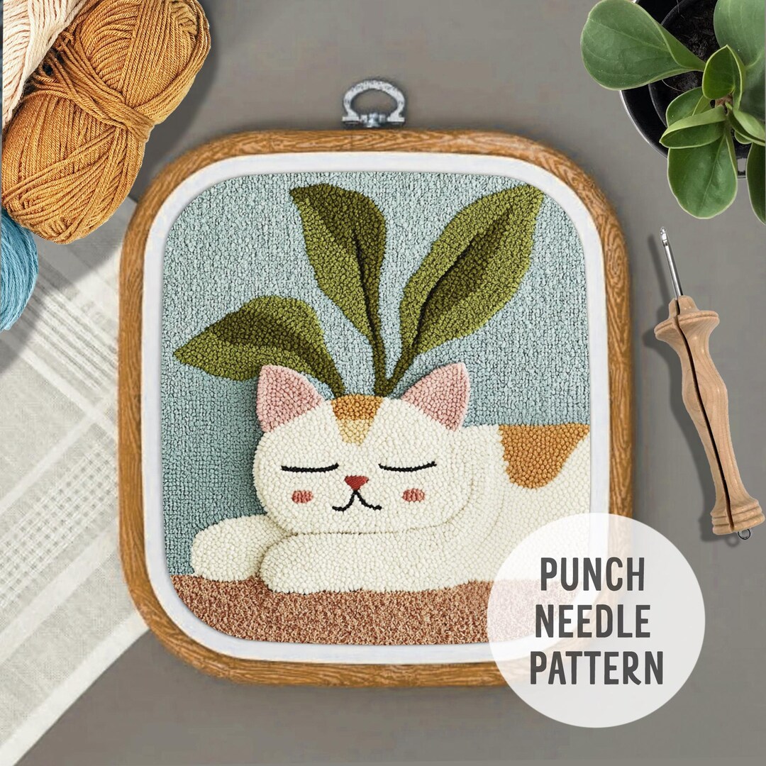 Sleeping Cat Punch Needle Pattern, Fluffy Tabby Kitten Punch Needle ...