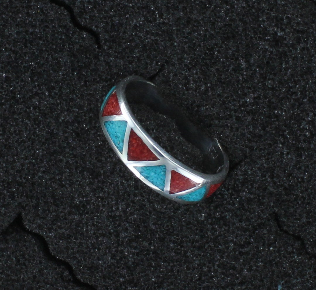 Coral and Turquoise Native American Wedding Band - Silver Ring ...