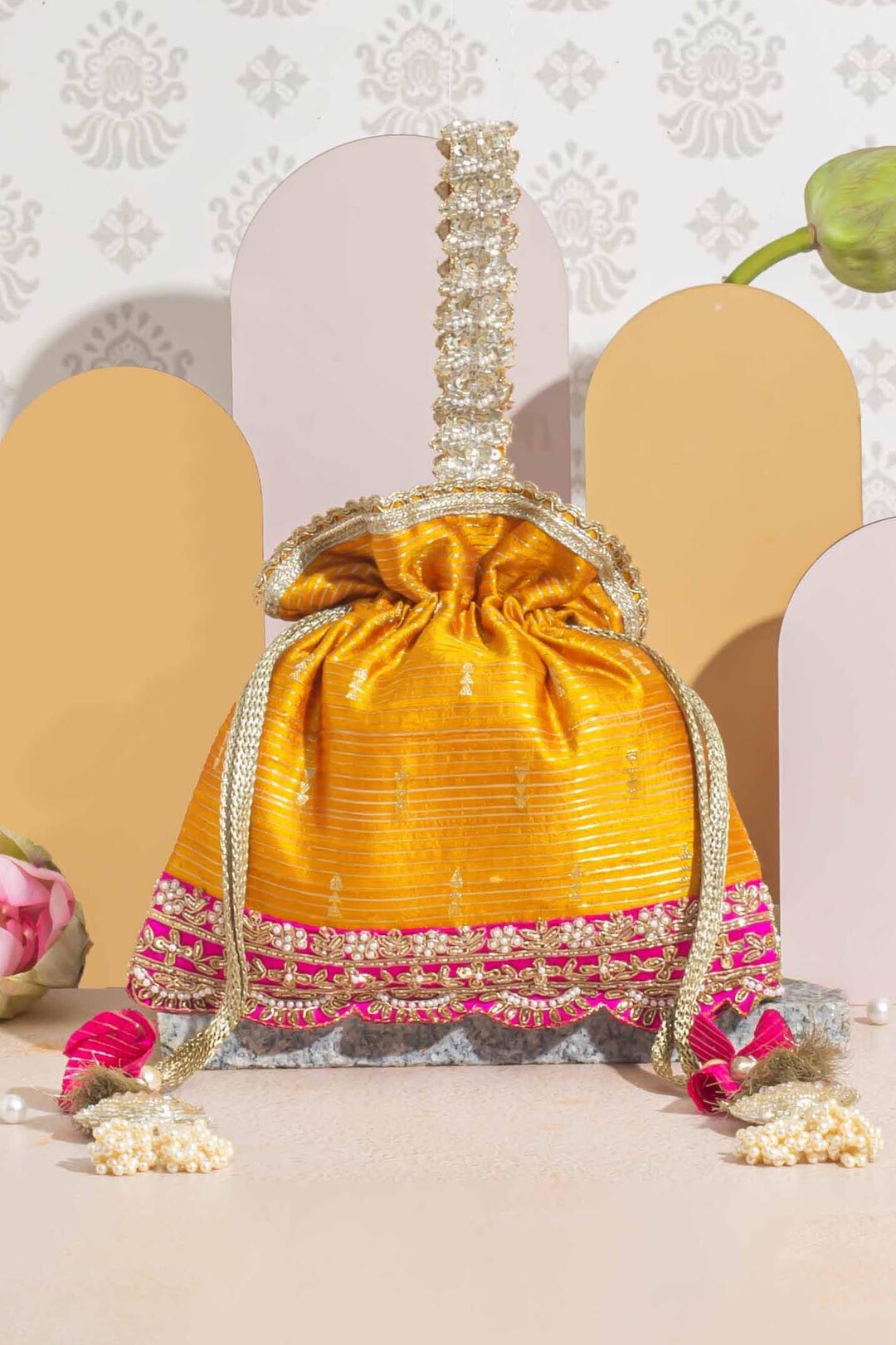 Tari Silk Potli Mustard & Pink, Embroidered Silk Bag, Indian Bag ...