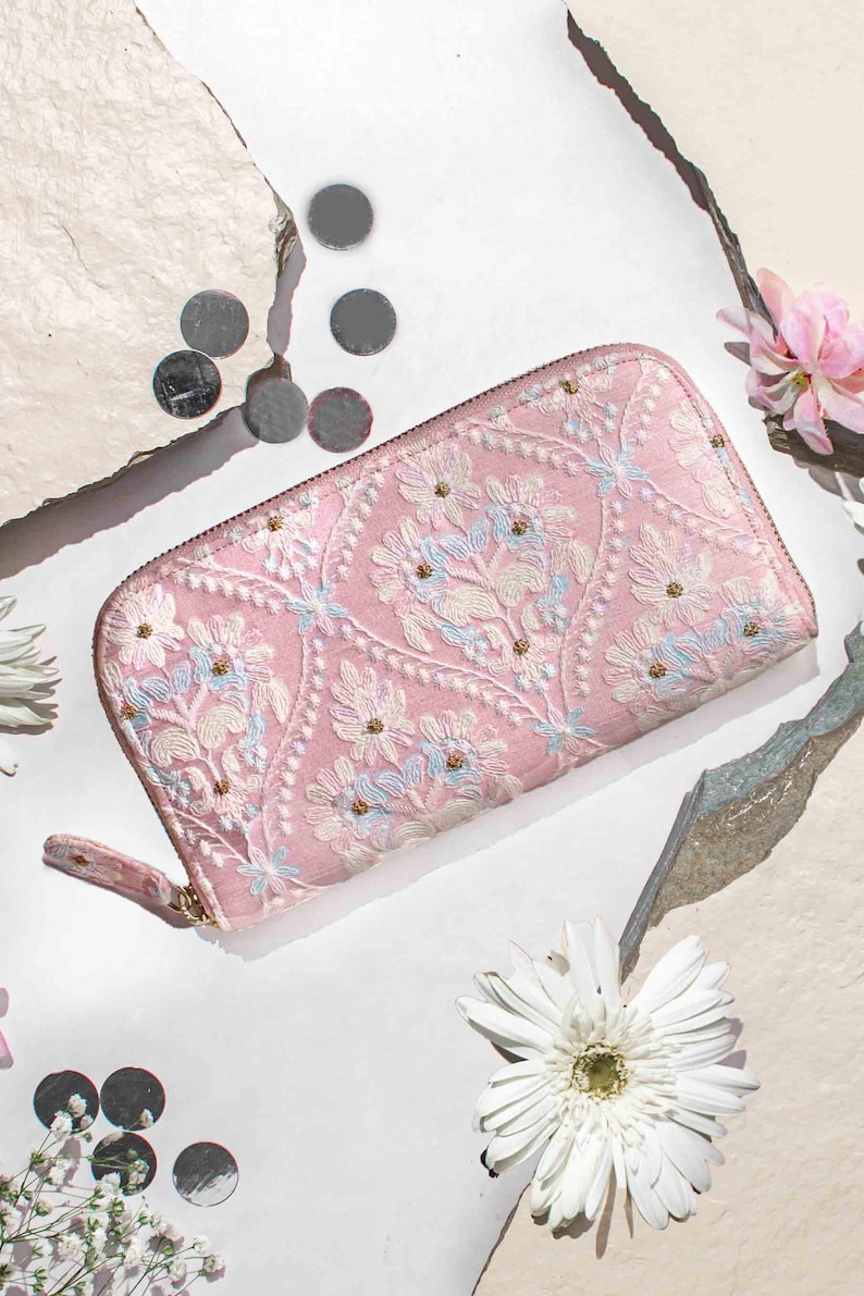 Anaqat Silk Embroidered Wallet - Baby Pink, Floral Purse, Wallet Women ...
