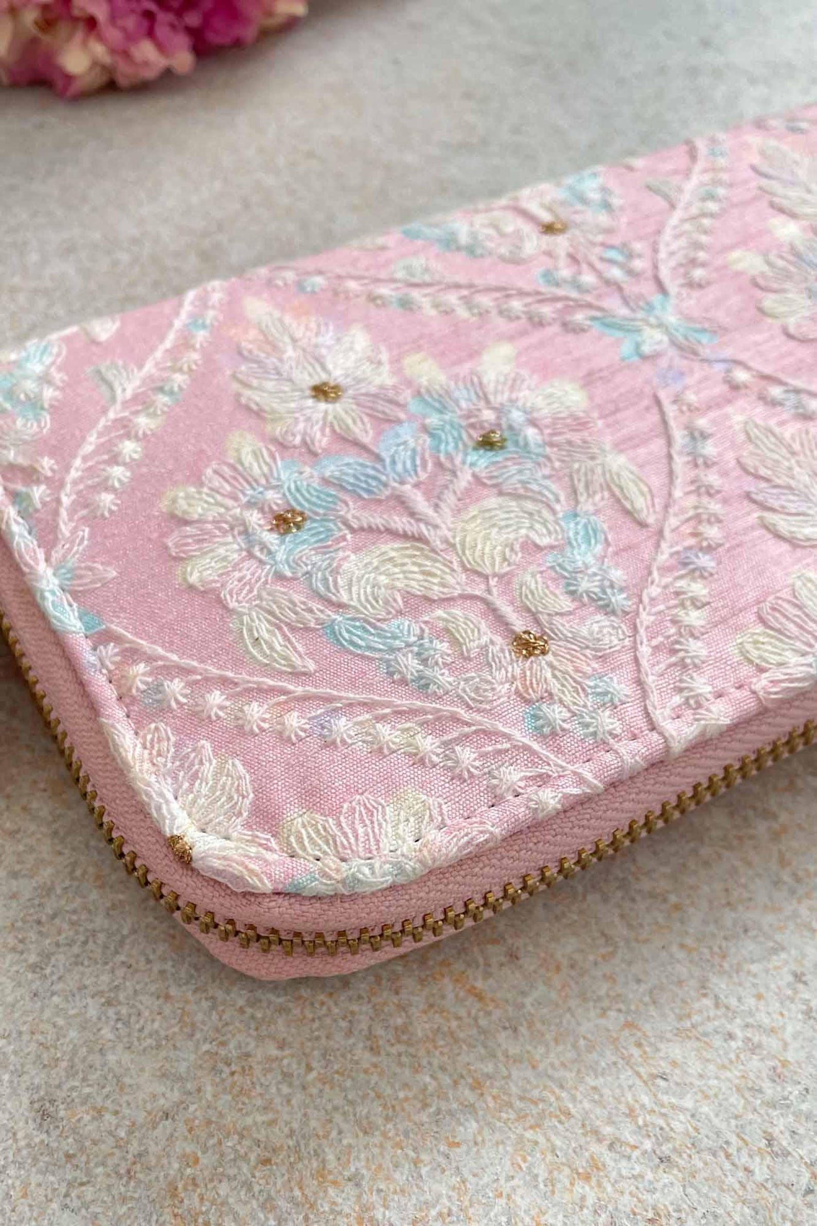 Anaqat Silk Embroidered Wallet - Baby Pink, Floral Purse, Wallet Women ...