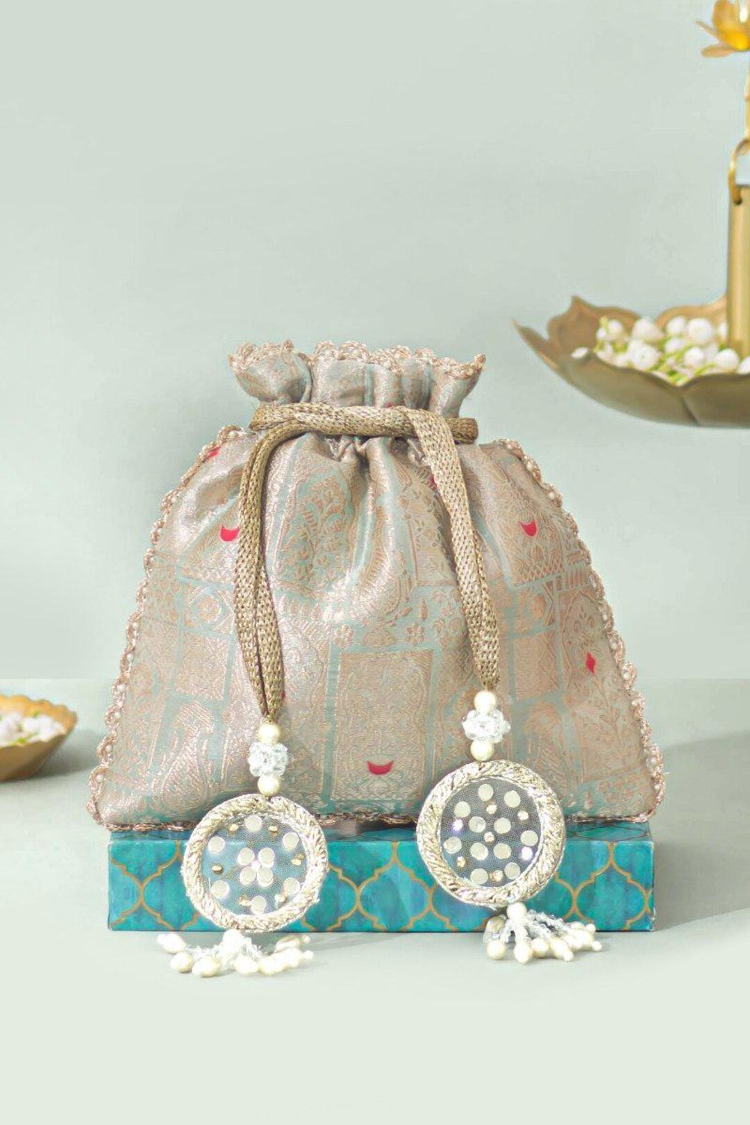 Anouk Pure Banarasi Silk Potli - Ice Blue, Indian Bag, Designer Wear ...